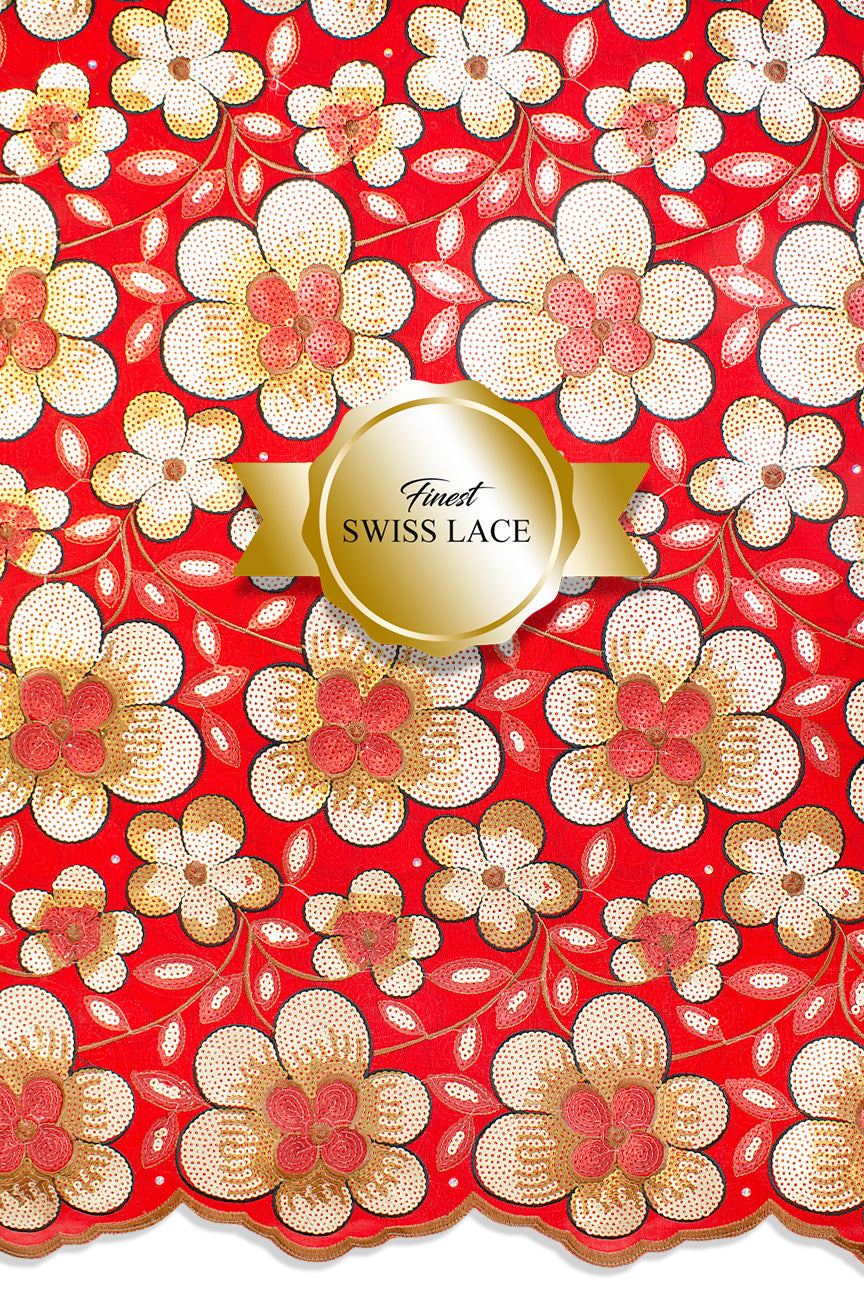 FSL677 - Stunning Fine Swiss Seqeunce Lace - Crimson Red & Gold ...